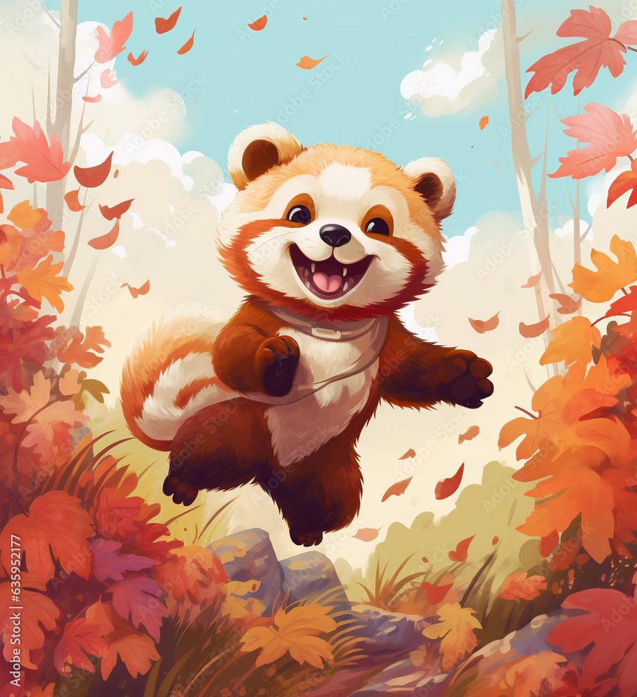 cartoon of a red panda jumping in the fall piles in style of soft color ...