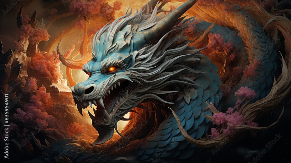 Mad traditional Asian dragon closeup, art. Angry reptile with a growl ...