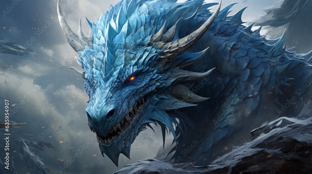 Mad blue dragon with glowing eyes closeup. Angry reptile with a growl ...