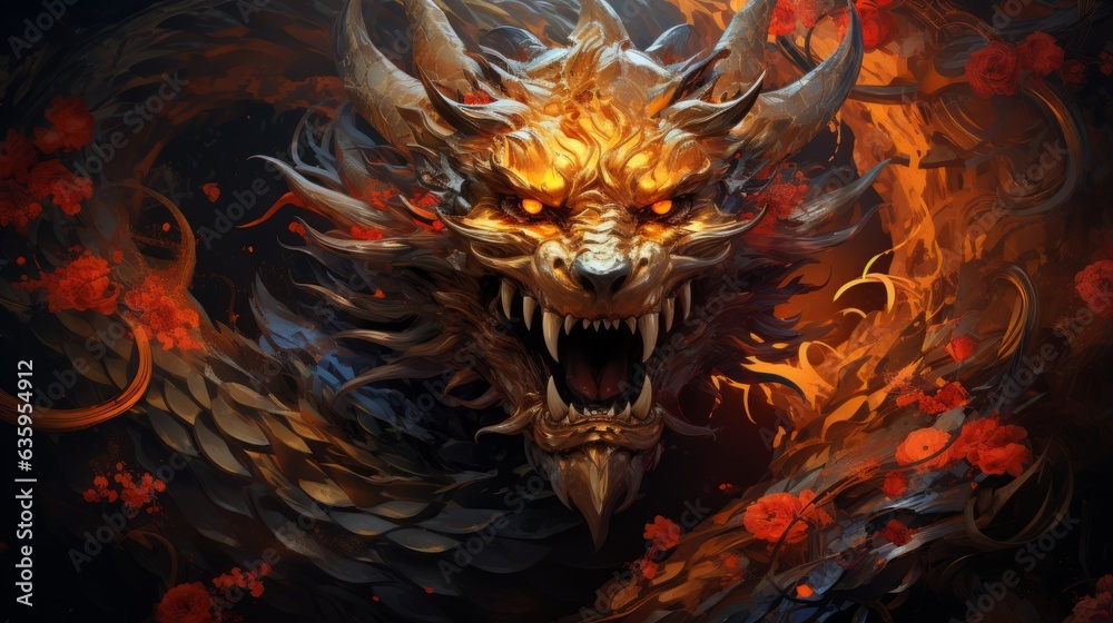 Mad traditional Asian dragon closeup, art. Angry reptile with a growl ...