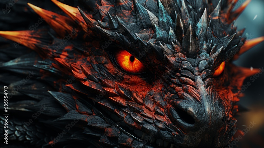 Scary dragon face closeup. Angry scaled reptile with a growl, and ...