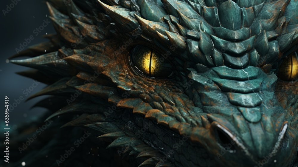 Scary dragon face closeup. Angry scaled reptile with a growl, and ...