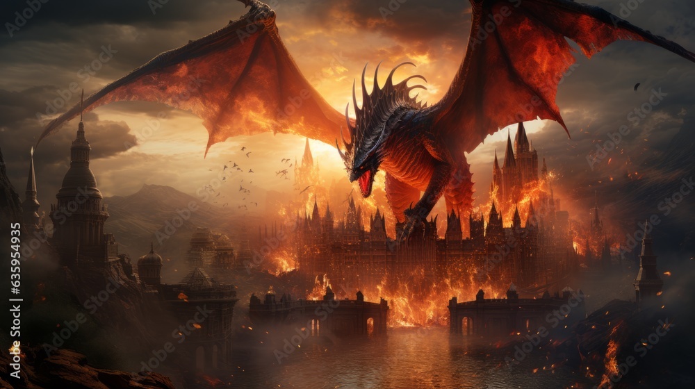 Mad dragon destroying the world. Angry reptile with a growl attacking a ...