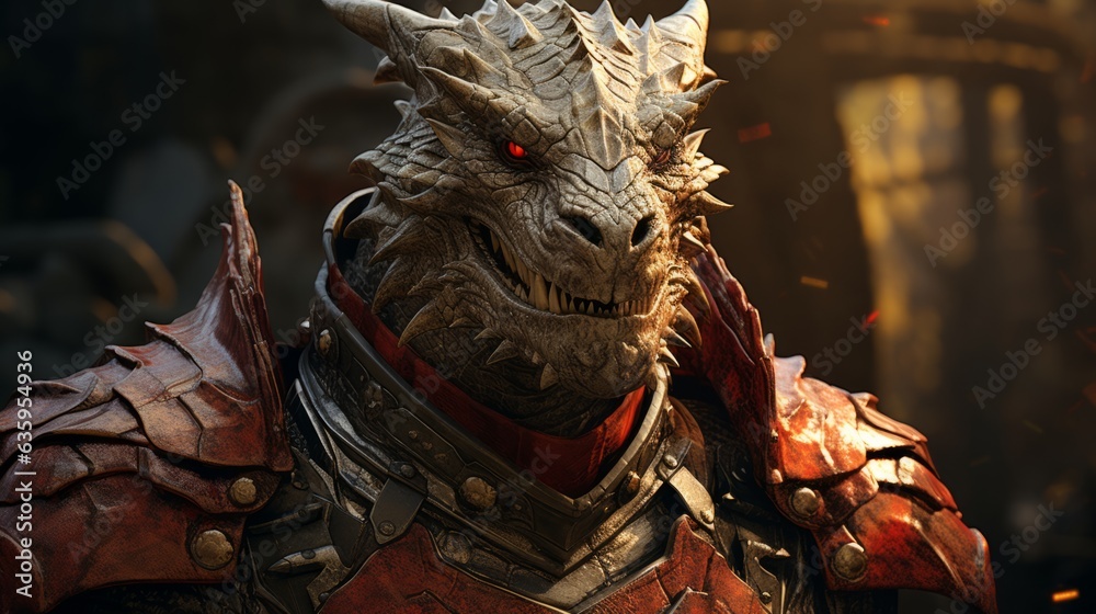 Humanoid dragon in armor closeup. Angry human like reptile with a growl ...