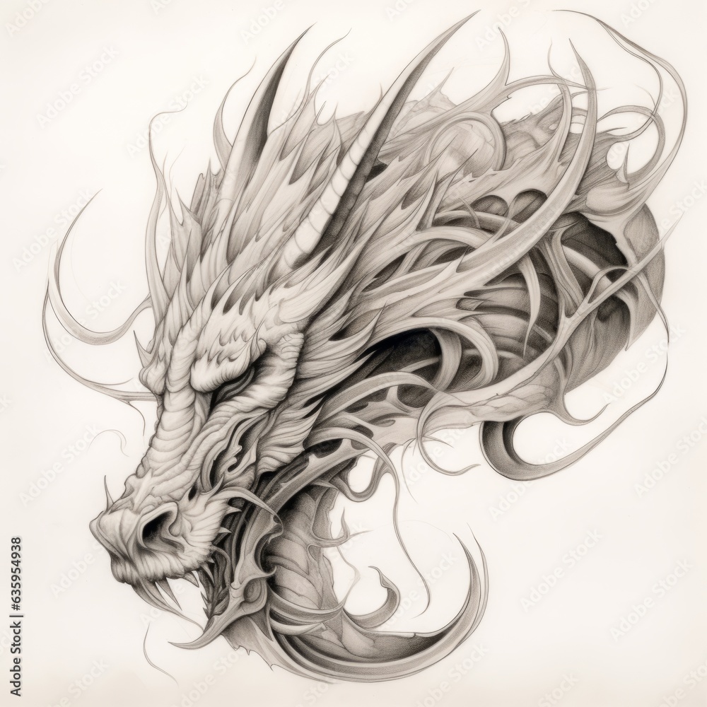Roaring red dragon, black and white illustration. Angry reptile with a ...