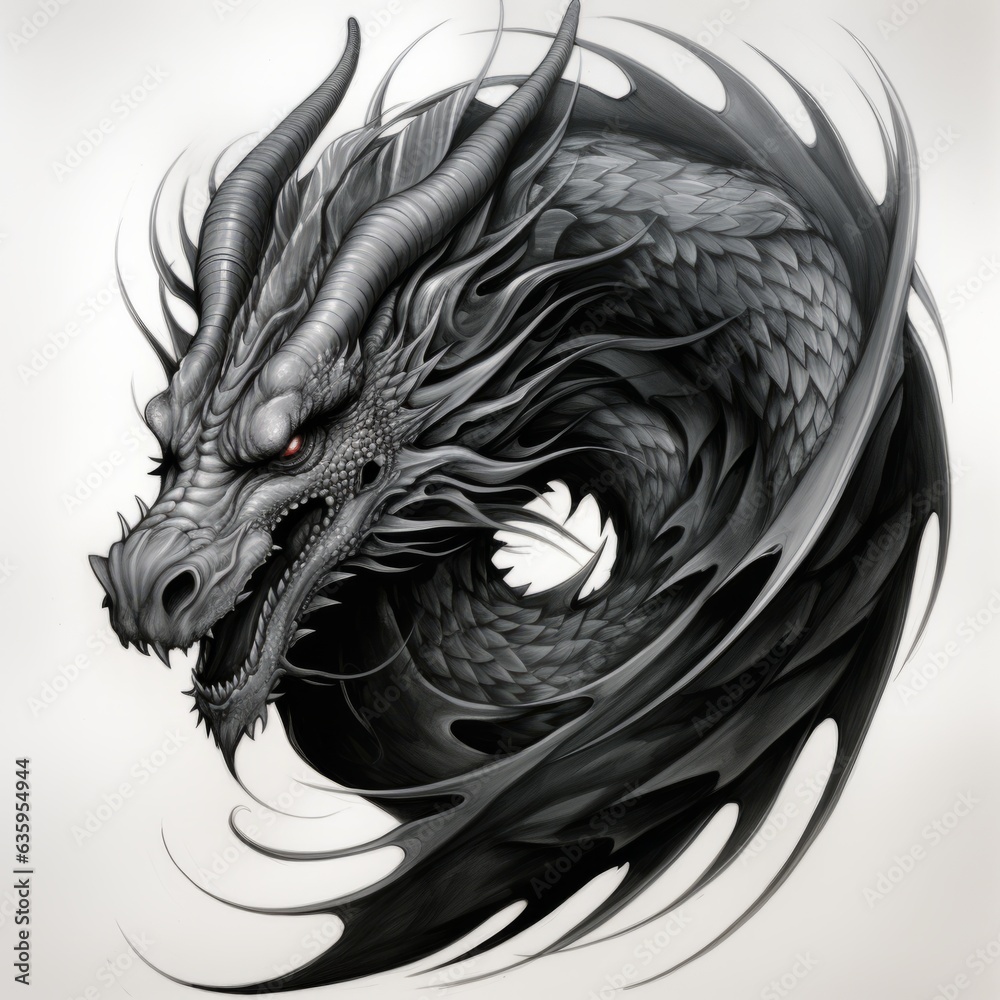 Roaring red dragon, black and white illustration. Angry reptile with a ...