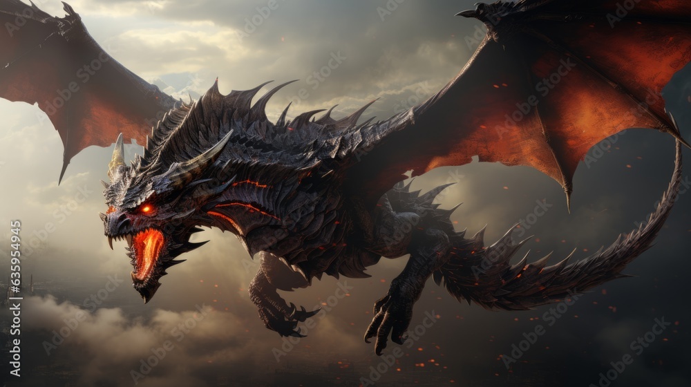 Angry dragon flying in the sky. Roaring reptile with big wings growling ...