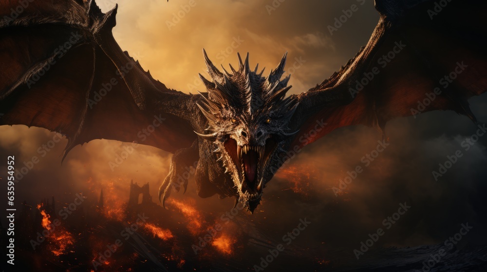 Mad dragon destroying the world. Angry reptile with a growl attacking a ...