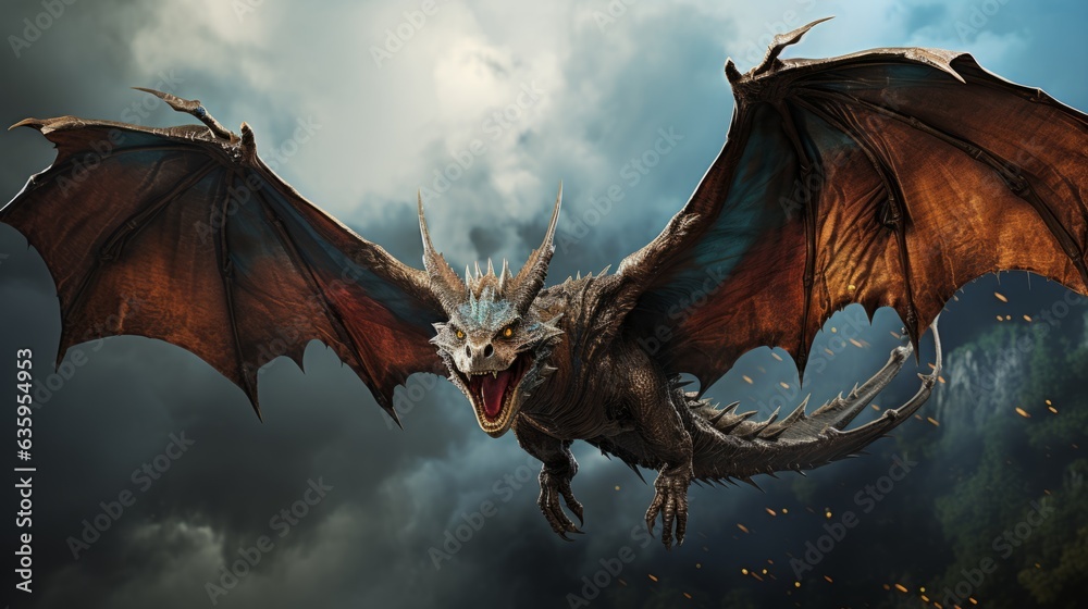 Angry dragon flying in the sky. Roaring reptile with big wings growling ...