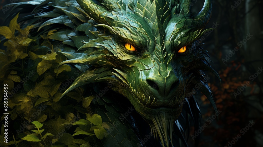 Roaring green dragon with glowing eyes closeup. Angry green jungle ...