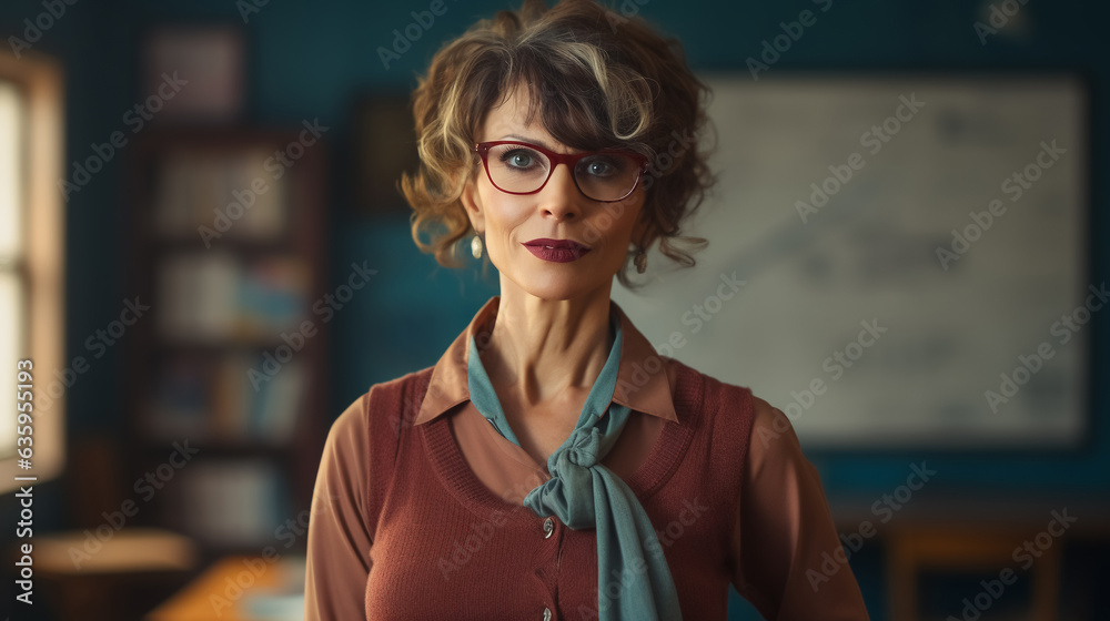 Generative AI, mature woman professor stands against the backdrop of a ...