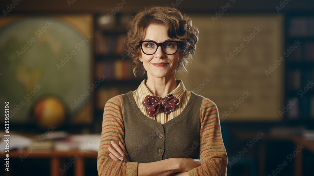 Generative AI, mature woman professor stands against the backdrop of a ...