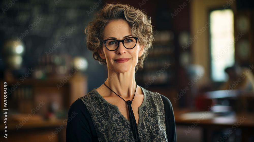 Generative AI, mature woman professor stands against the backdrop of a ...