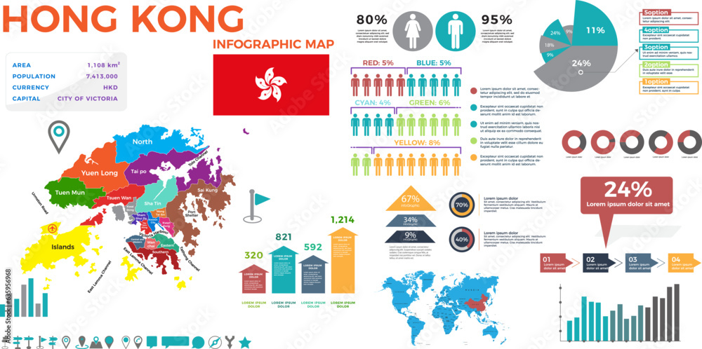 Hong Kong Map and Infographics elements - Business template in flat ...