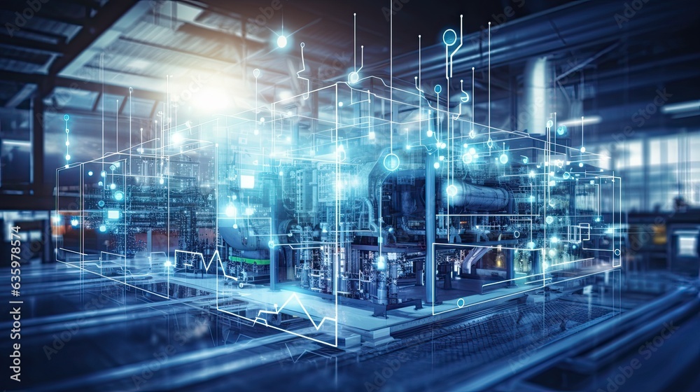 Modern factory, communication network. Telecommunication. IoT, Internet ...