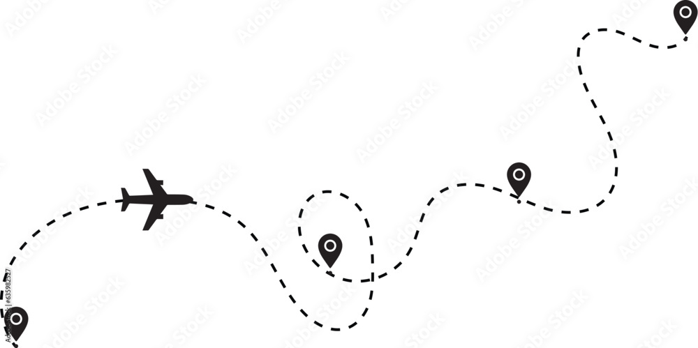 Airplane path in a dotted line shape. Airplane line routes set ...