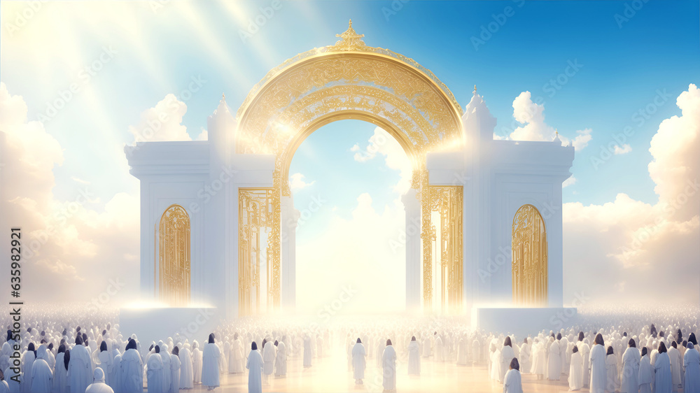 The righteous in white robes at the shining gates of the entrance to ...