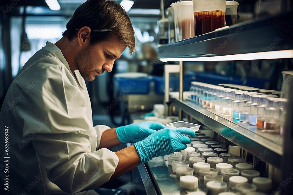Bearded man lab technician precisely transferring droplets with pipette ...