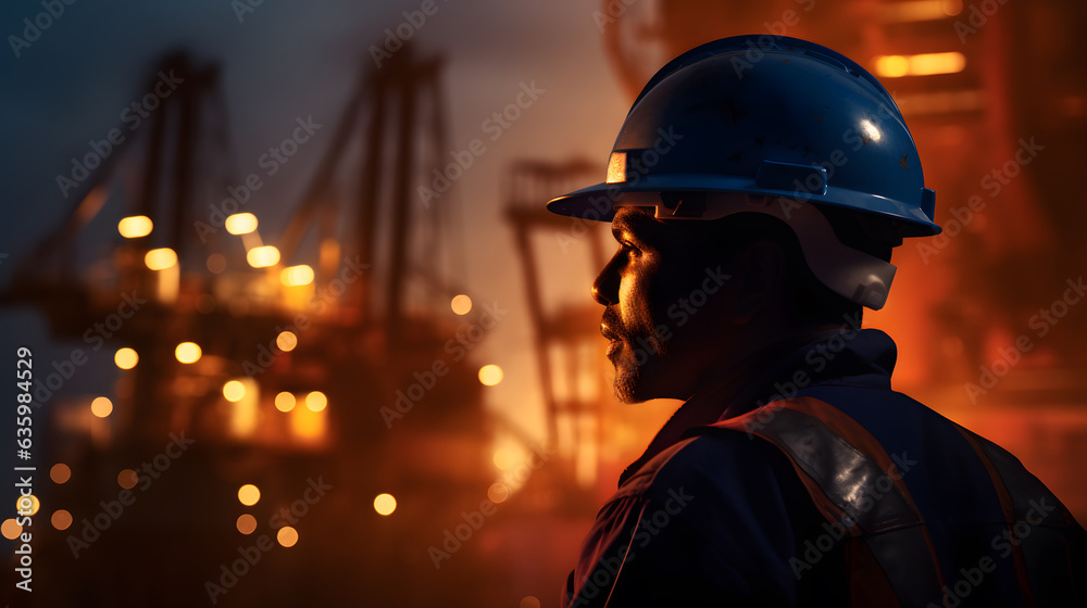 Petrochemical engineer wearing safety uniform and helmet at oil ...