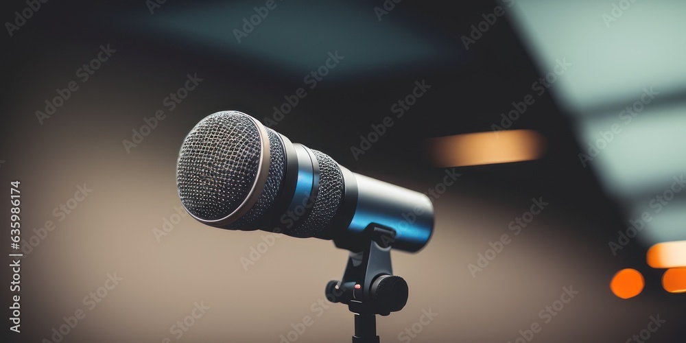 Podcast microphone on a tripod, a black metal dynamic microphone in ...