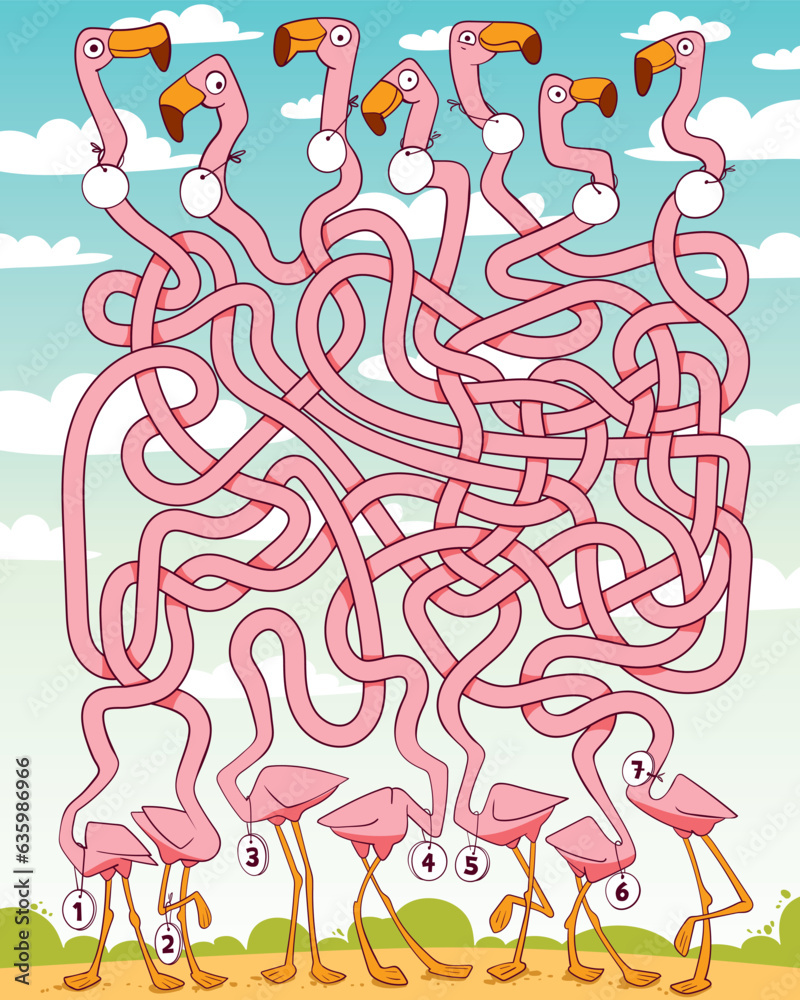 Funny flamingos with long, tangled necks. Children logic game to pass ...