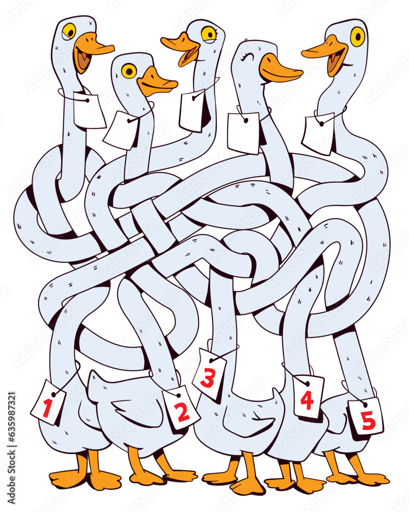 Funny geese with long, tangled necks. Children logic game to pass the ...