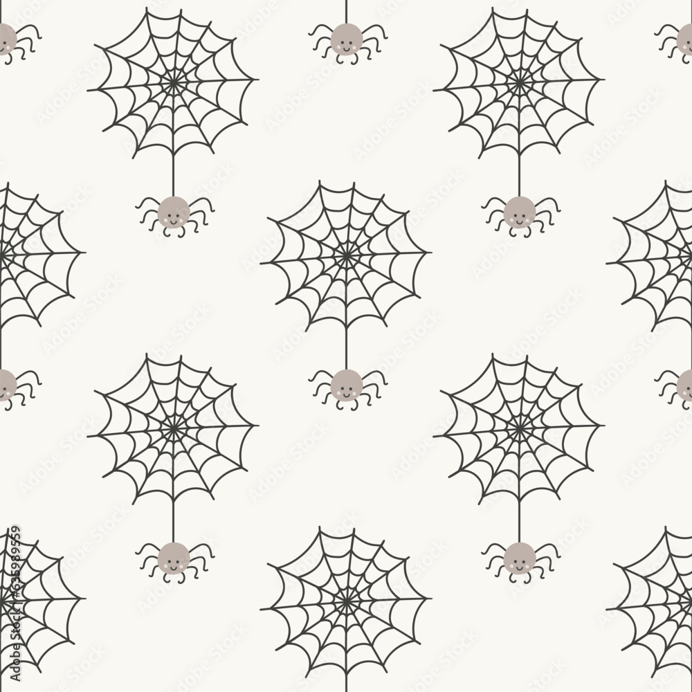 Halloween seamless pattern with black spider and cobweb on white ...