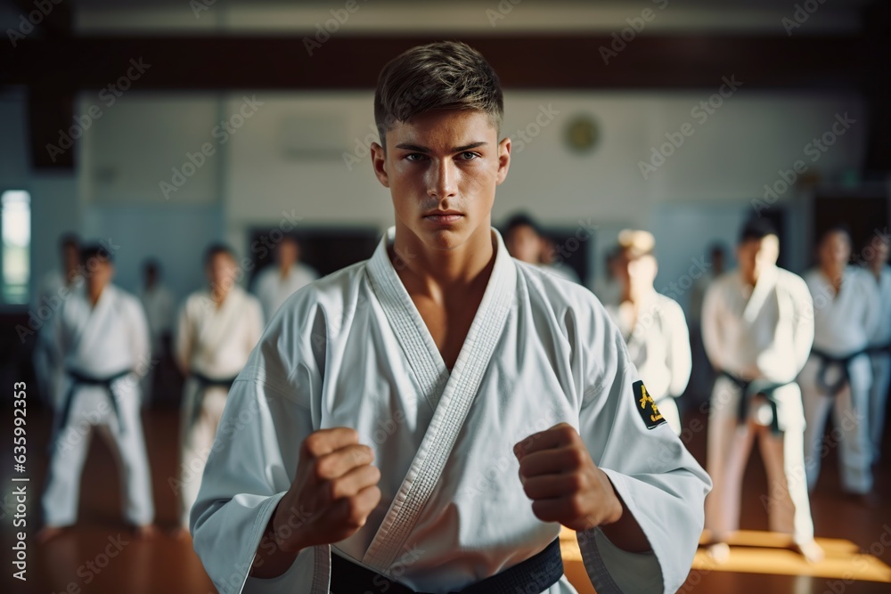 young man performing a karate asian martial arts training in a dojo ...