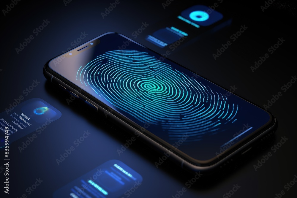 Mobile phone with blue fingerprint on screen on top of table with touch ...