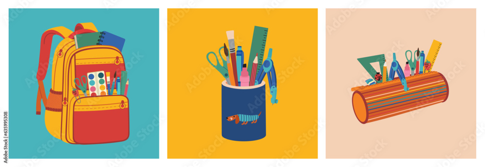 Set of school supplies. Backpack, stand for pens and pencil case with ...