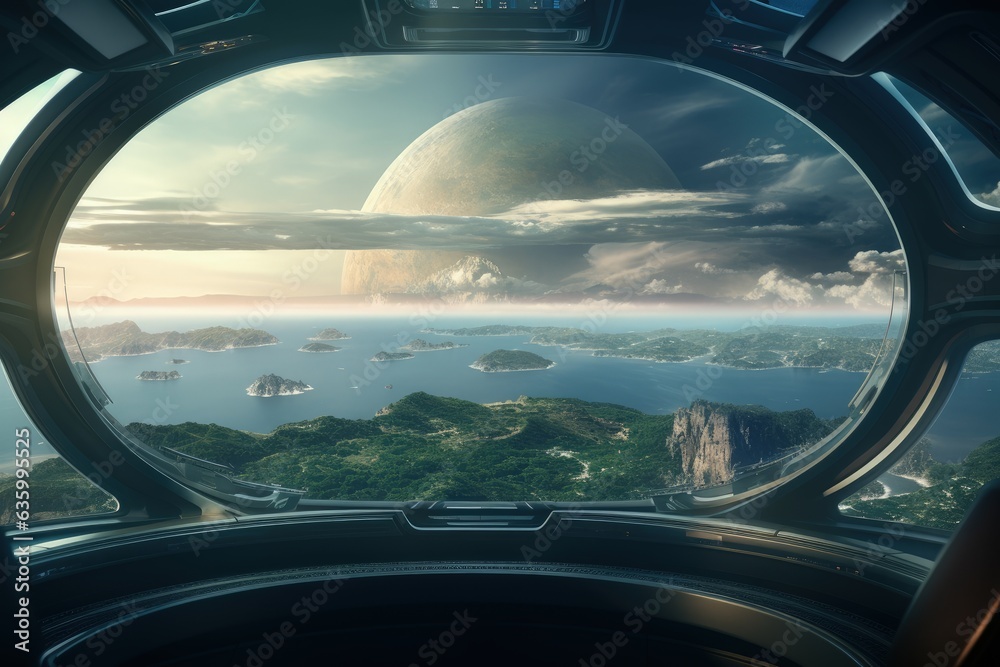 Spaceship cabin interior with exotic planet view, Spaceship cabin with ...