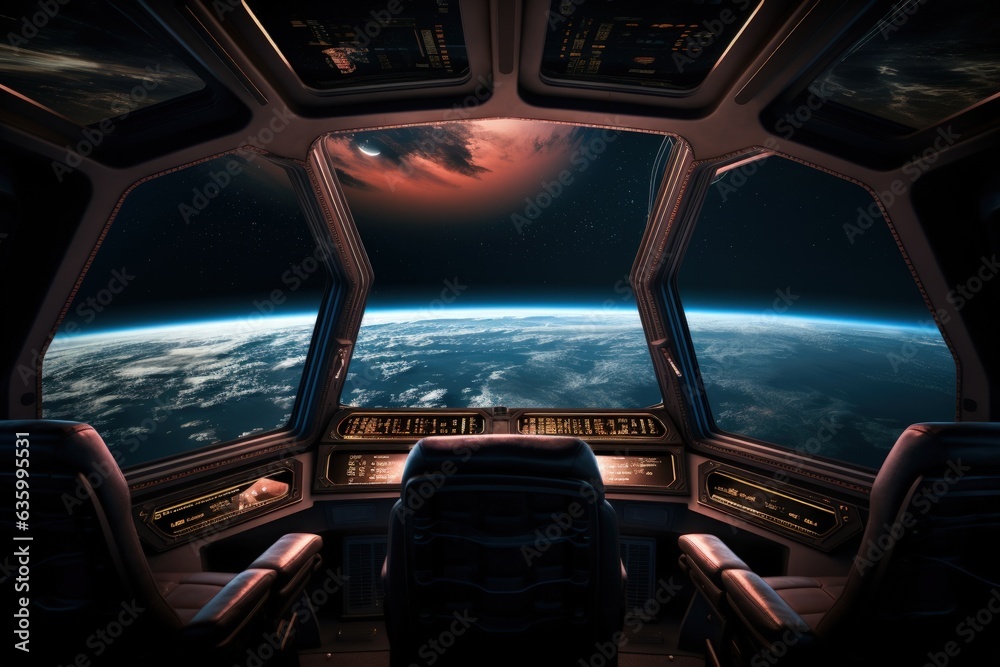 Spaceship cabin interior with exotic planet view, Spaceship cabin with ...