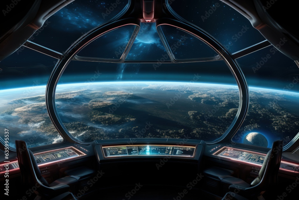 Spaceship cabin interior with exotic planet view, Spaceship cabin with ...