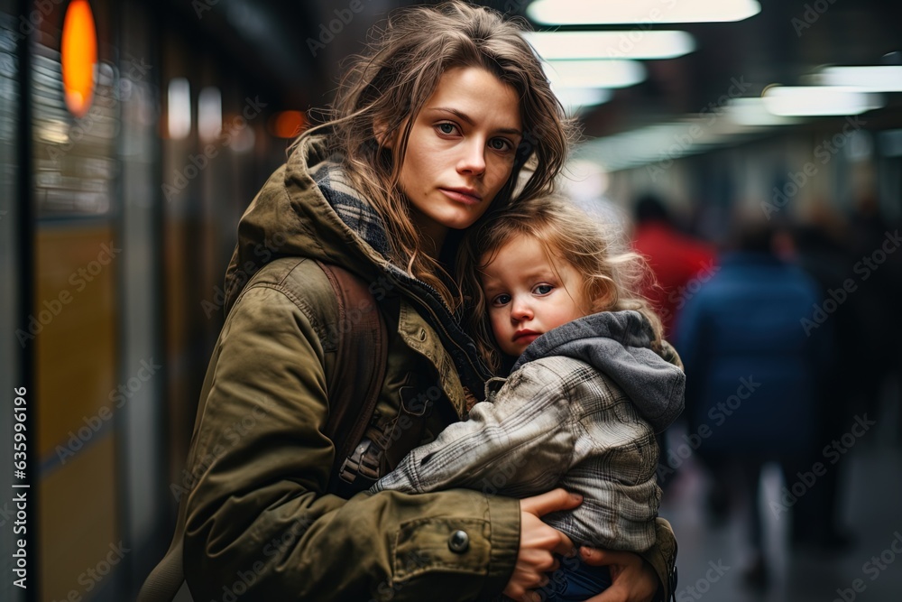 Poor homeless woman hugging daughter in worn out clothes at subway ...