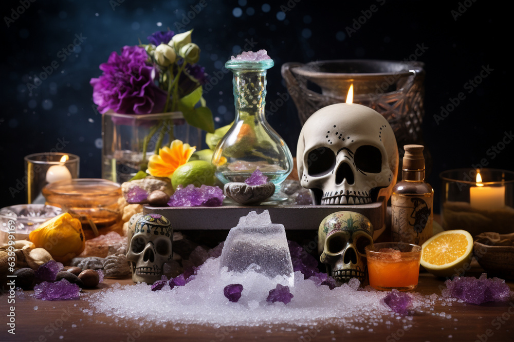Altar with Water and Salt Elements, Day of the Dead, symbols Generative ...