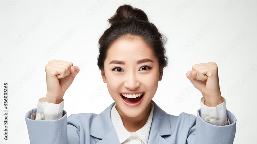 Excited successful asian female celebrating win accomplishment victory ...
