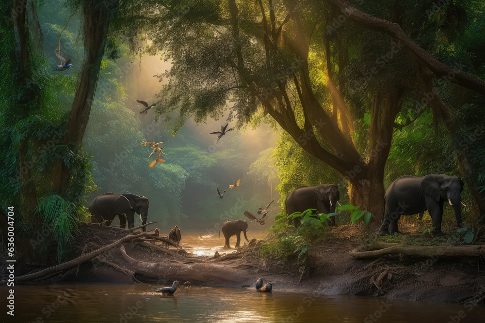 Wild diversity: elephants, monkeys, birds and caimans in the rainforest ...