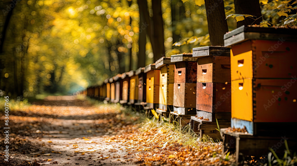 Colorful Bee hives that are arranged in a line on the farm Stock Photo ...
