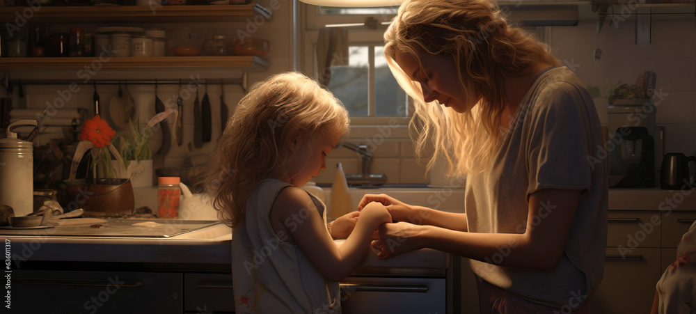 Mother helping young daughter around the house. Concept of Parental ...
