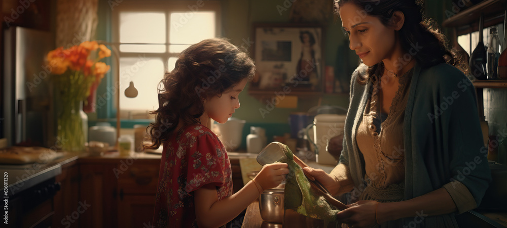 Mother helping young daughter around the house. Concept of Parental ...