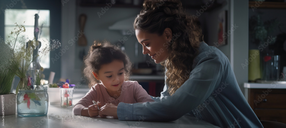 Mother helping young daughter around the house. Concept of Parental ...