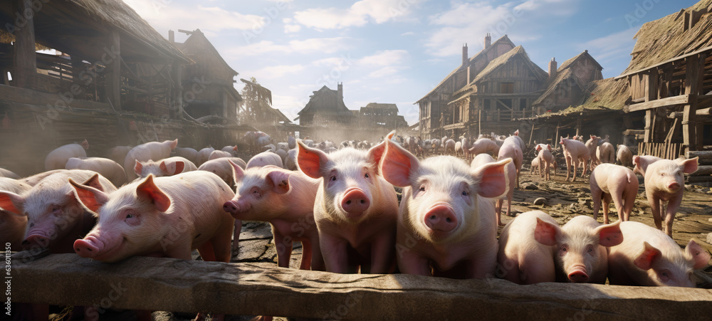 Foto de Muddy pig farm sunny day crowded. Concept of Agricultural scene ...