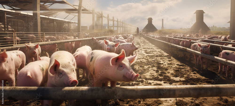 Muddy pig farm sunny day crowded. Concept of Agricultural scene, pig ...