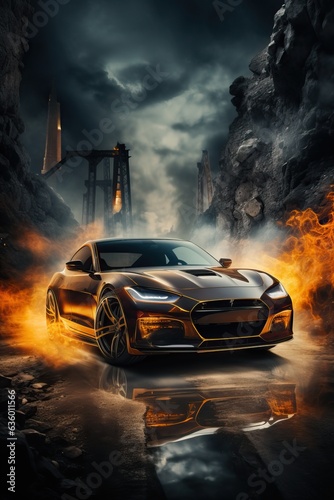 Fototapeten - a sports car on fire. Generative AI Art.