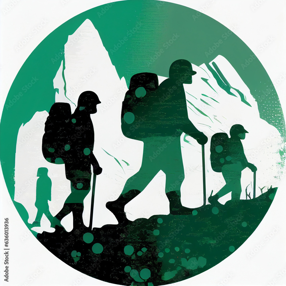 Pictogram of three hikers with a large backpack and hiking poles ...
