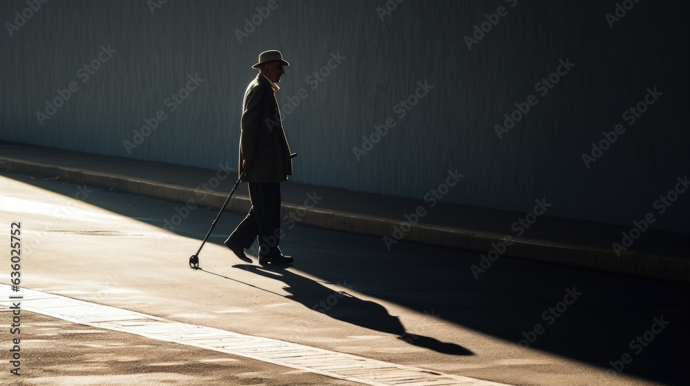 Elderly person with a cane shadows on the road symbolizing old age and ...