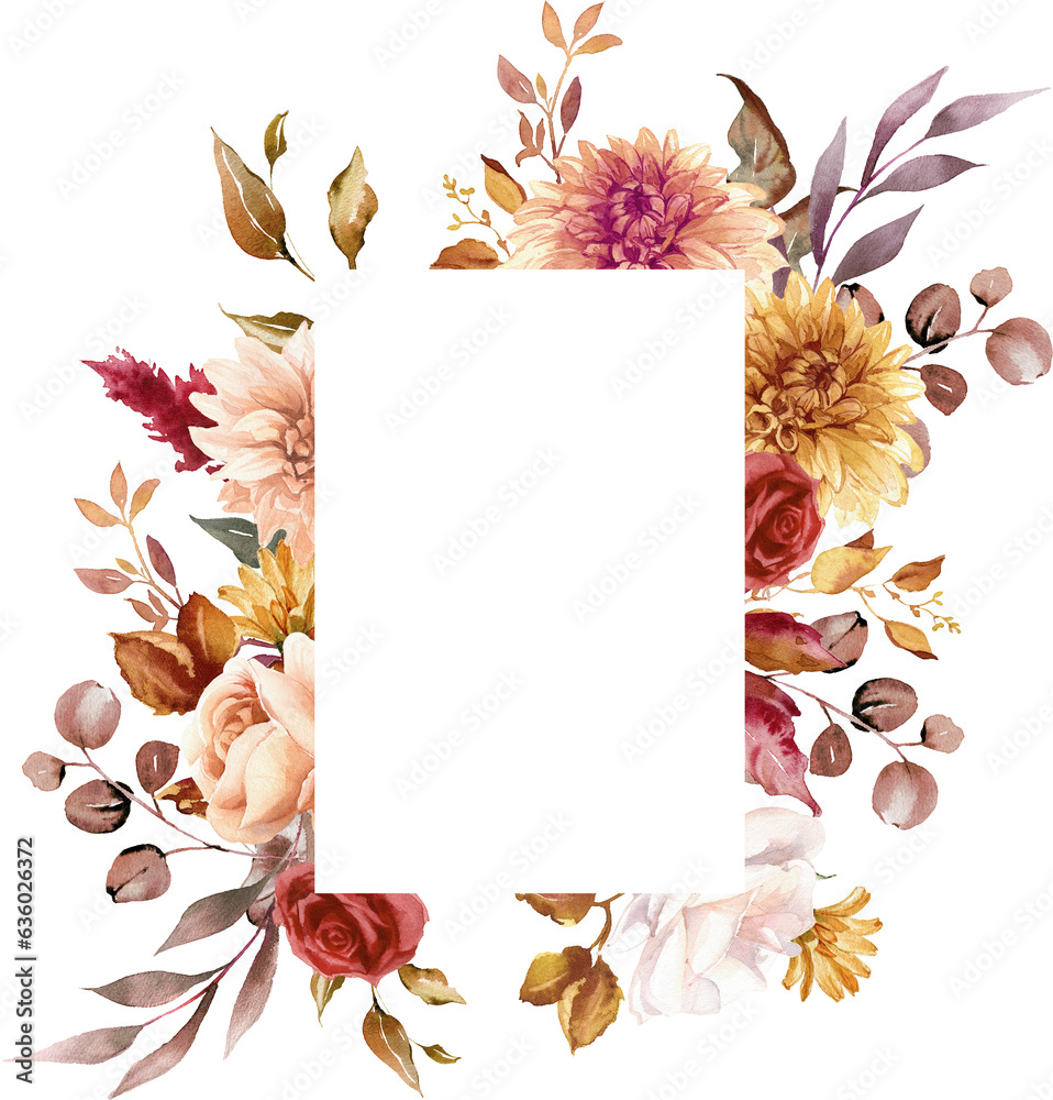 Elegant autumn floral border background with dahlia, rose and fall ...