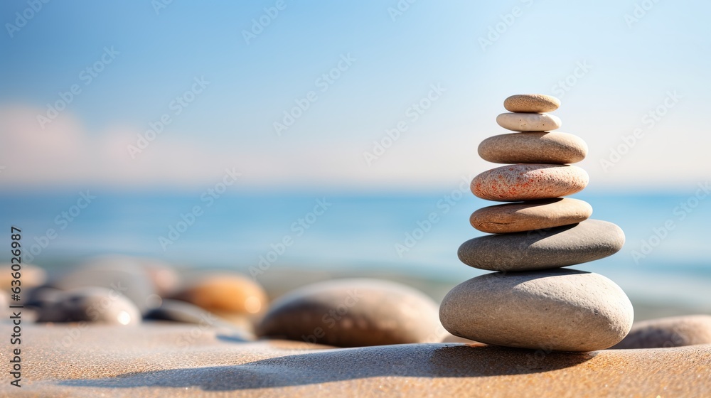 Zen stones on the sea beach representing meditation spa harmony and ...
