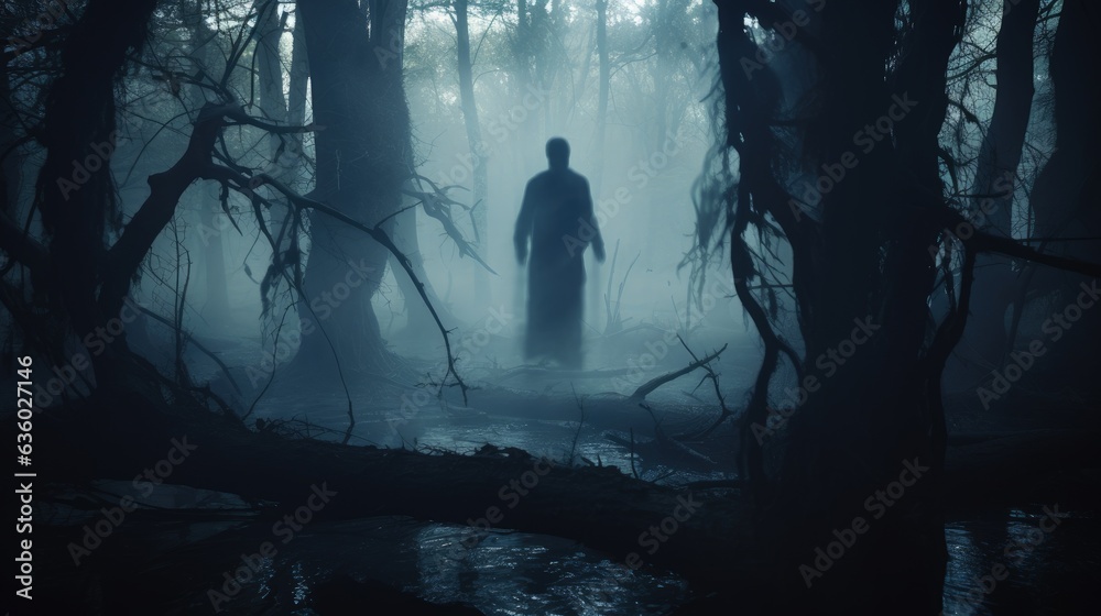 Eerie ghost in horrifying wooded scenery. silhouette concept Stock ...