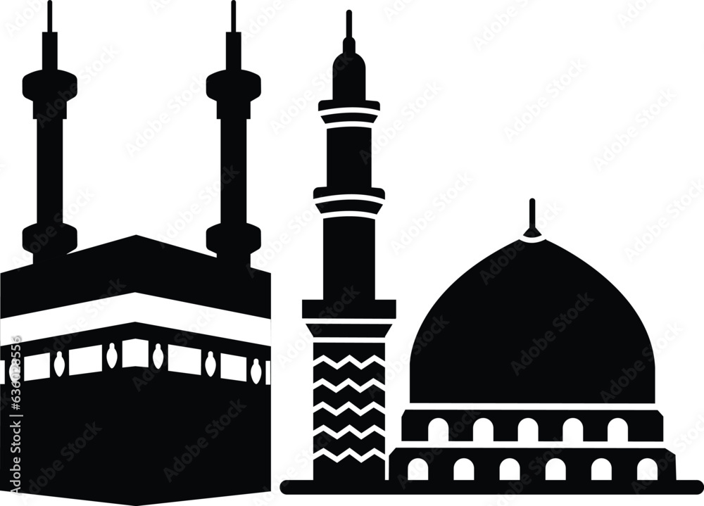 Kaaba, Mecca and Madina Pak Islamic sacred Masjid-Al-Haram on white ...